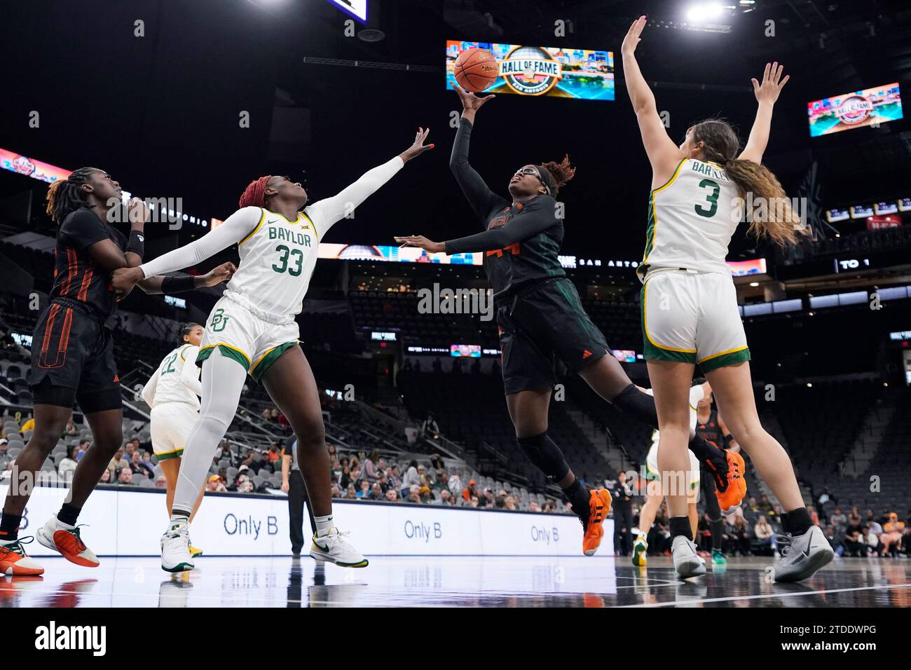 Miami forward Kyla Oldacre (44) shoots over Baylor guard Aijha ...