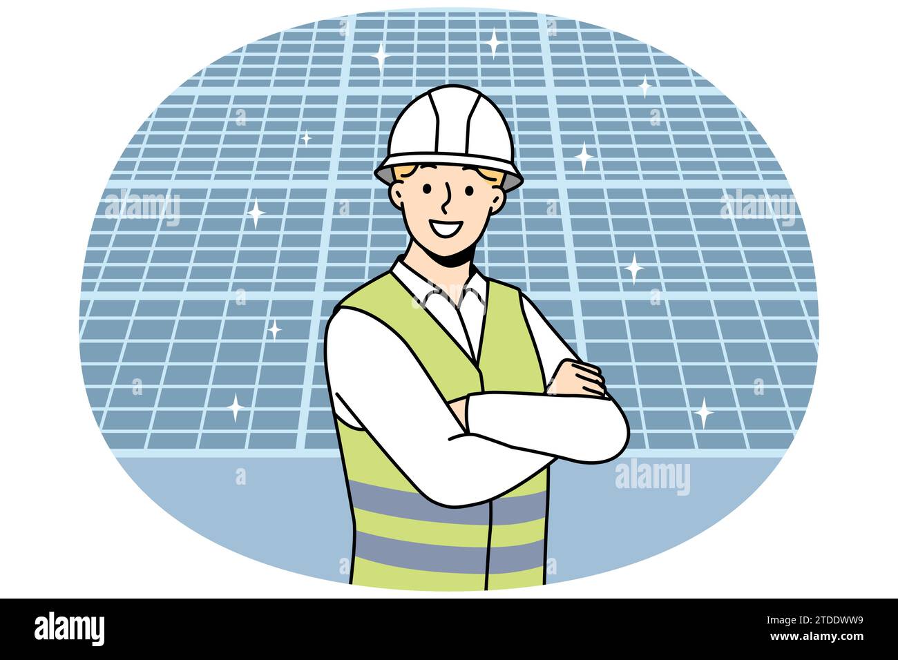 Smiling male engineer in uniform and helmet stand near solar panels ...
