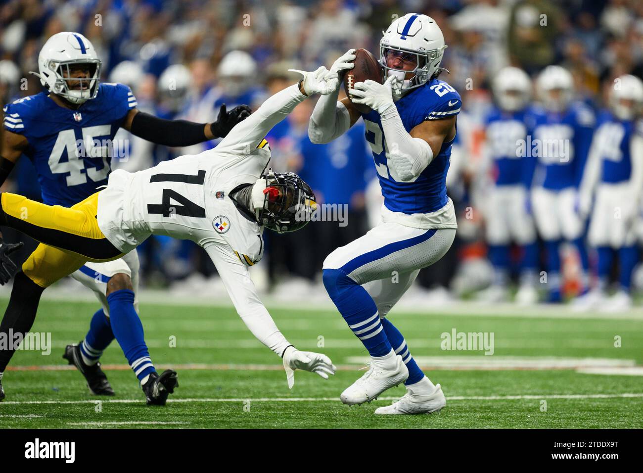 Indianapolis Colts safety Nick Cross (20) intercepts a pass intended ...