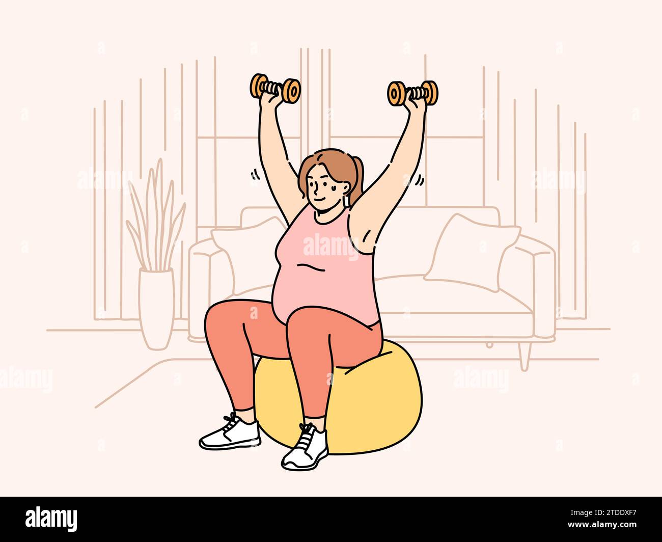 Overweight woman doing sports, wanting to lose weight, lifts dumbbells ...