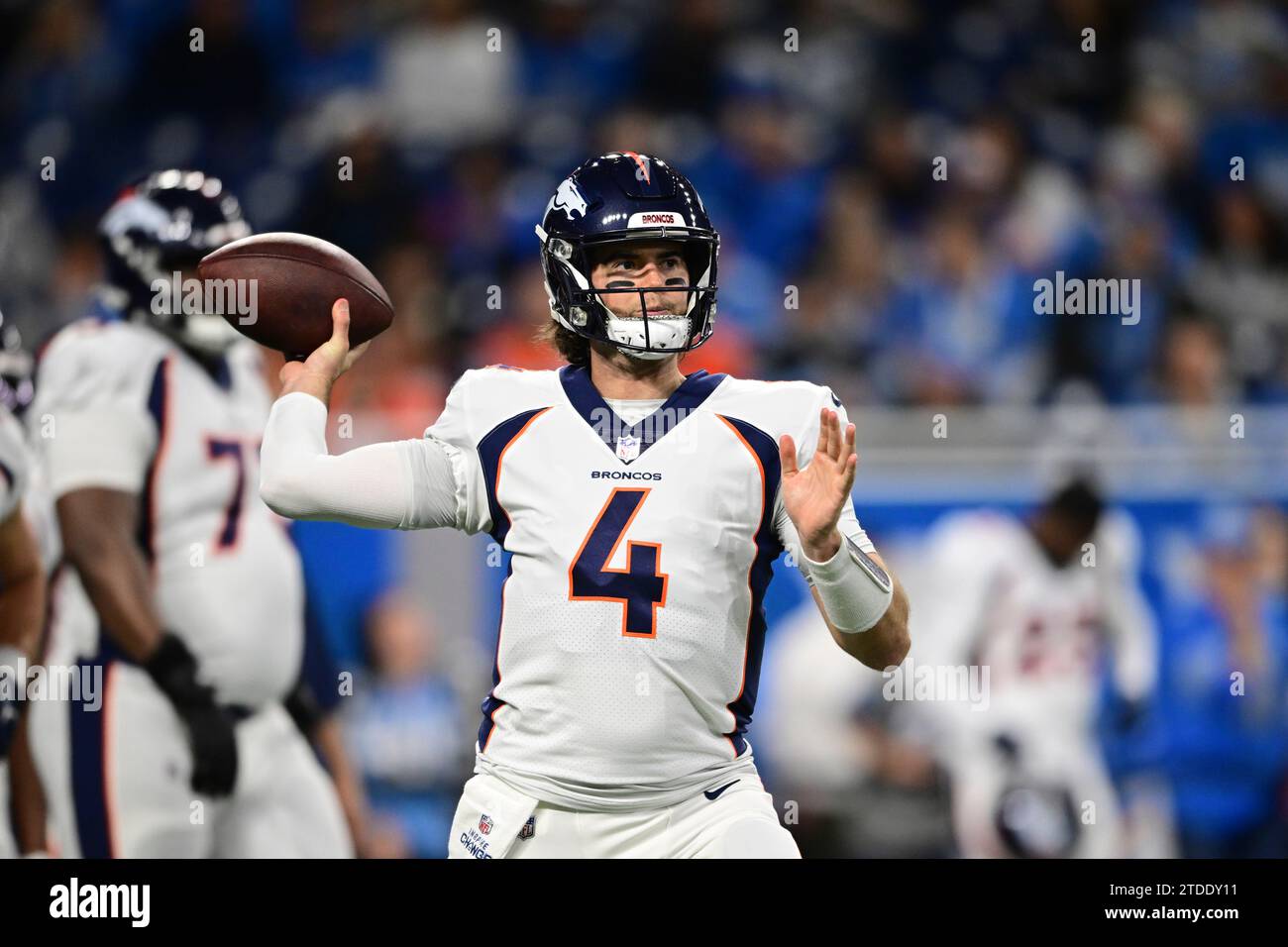 Denver Broncos quarterback Jarrett Stidham throws during warmups of an NFL football game against ...