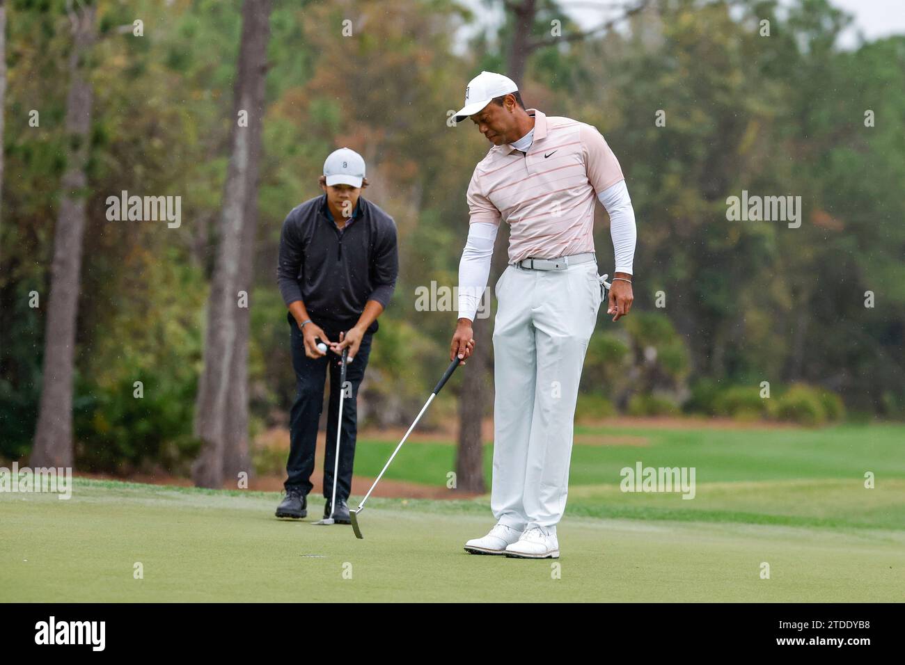 December 16, 2023: Tiger Woods and Charlie Woods reading a putt during Round One of the PNC ...