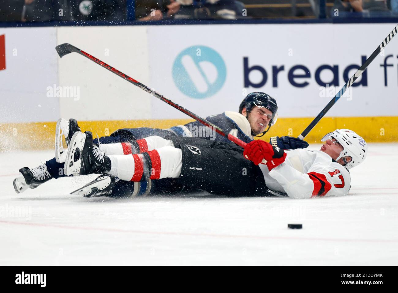 Columbus Blue Jackets forward Cole Sillinger, left, collides with New ...