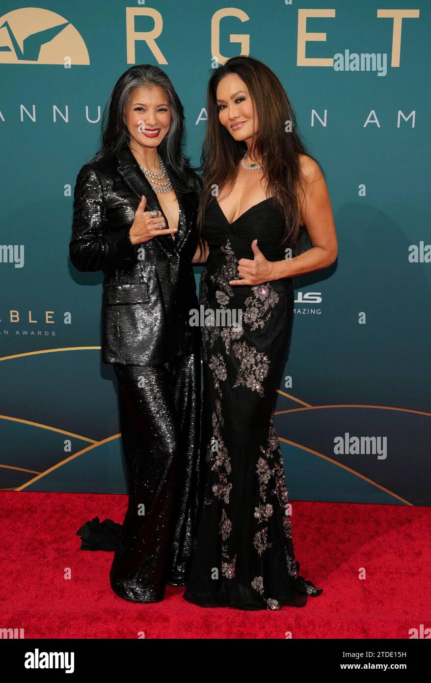 Actors Kelly Hu, left, and Tia Carrera pose together at the 21st Annual ...
