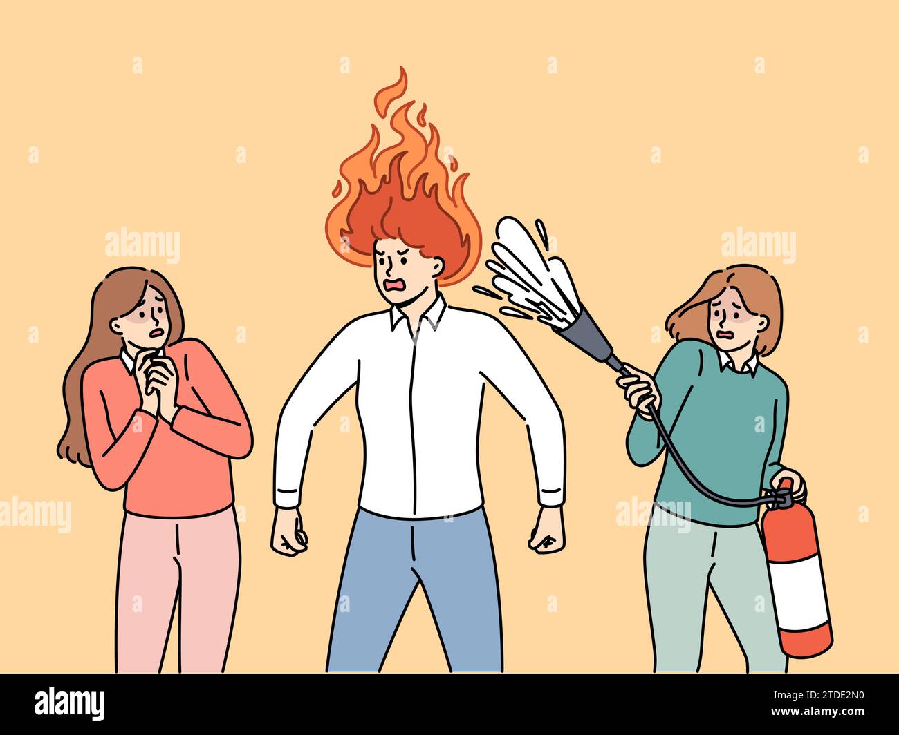 Aggressive man with flame on head stands near frightened colleagues ...