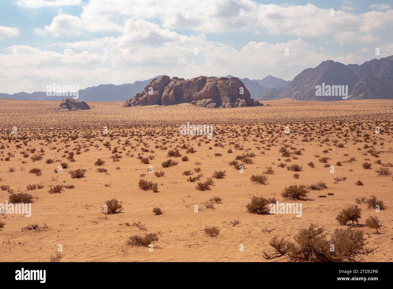 View of rock formations and desert plains of Wadi Rum Stock Photo - Alamy