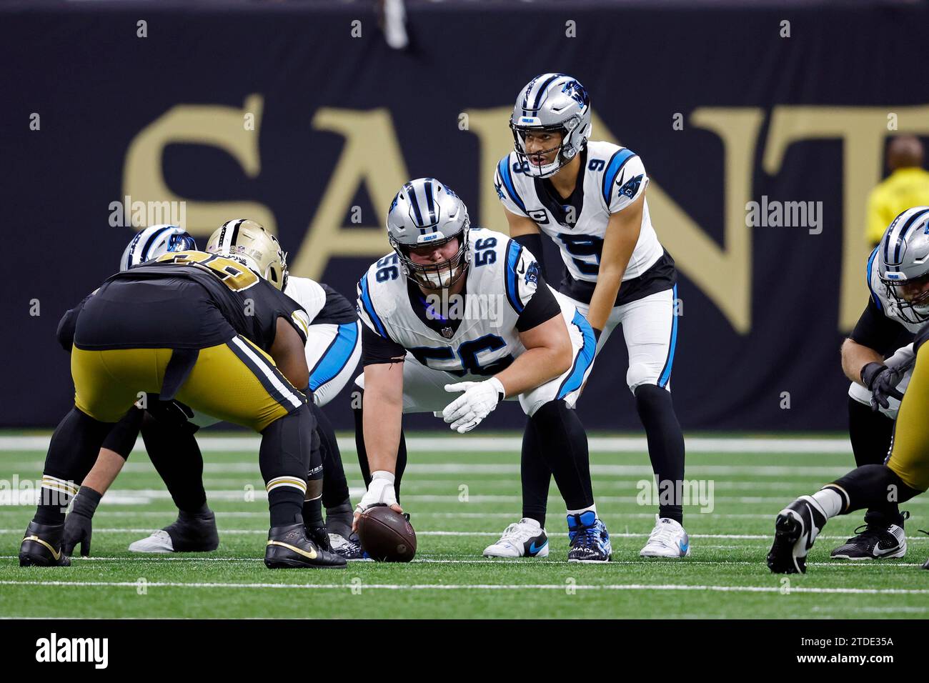 Carolina Panthers center Bradley Bozeman (56) and quarterback Bryce ...