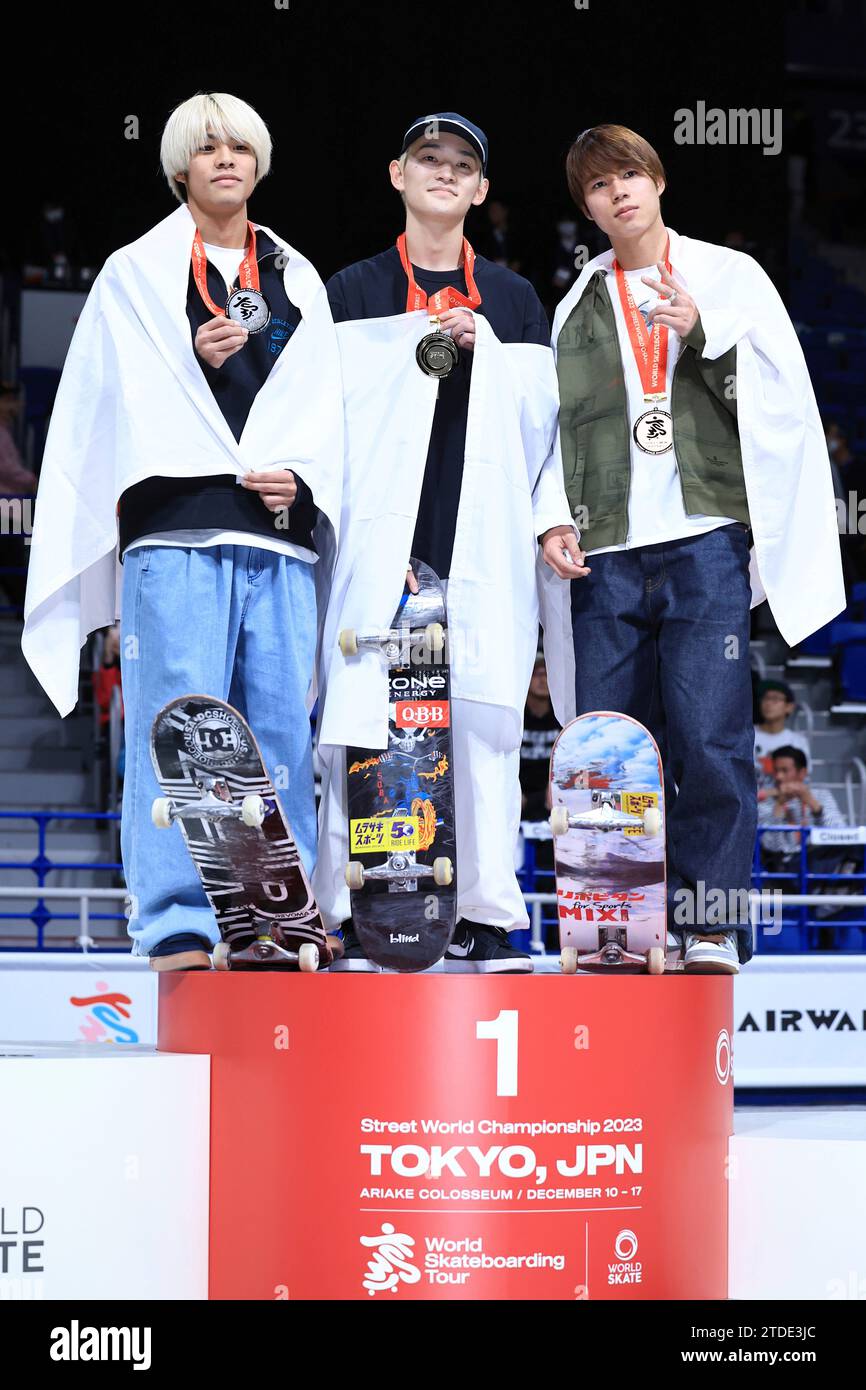 (L-R) Kairi Netsuke, Sora Shirai and Yuto Horigome of Japan celebrate during an award ceremony ...