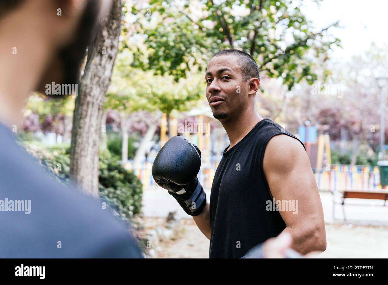 two friends fighting with boxing gloves outdoors Stock Photo - Alamy