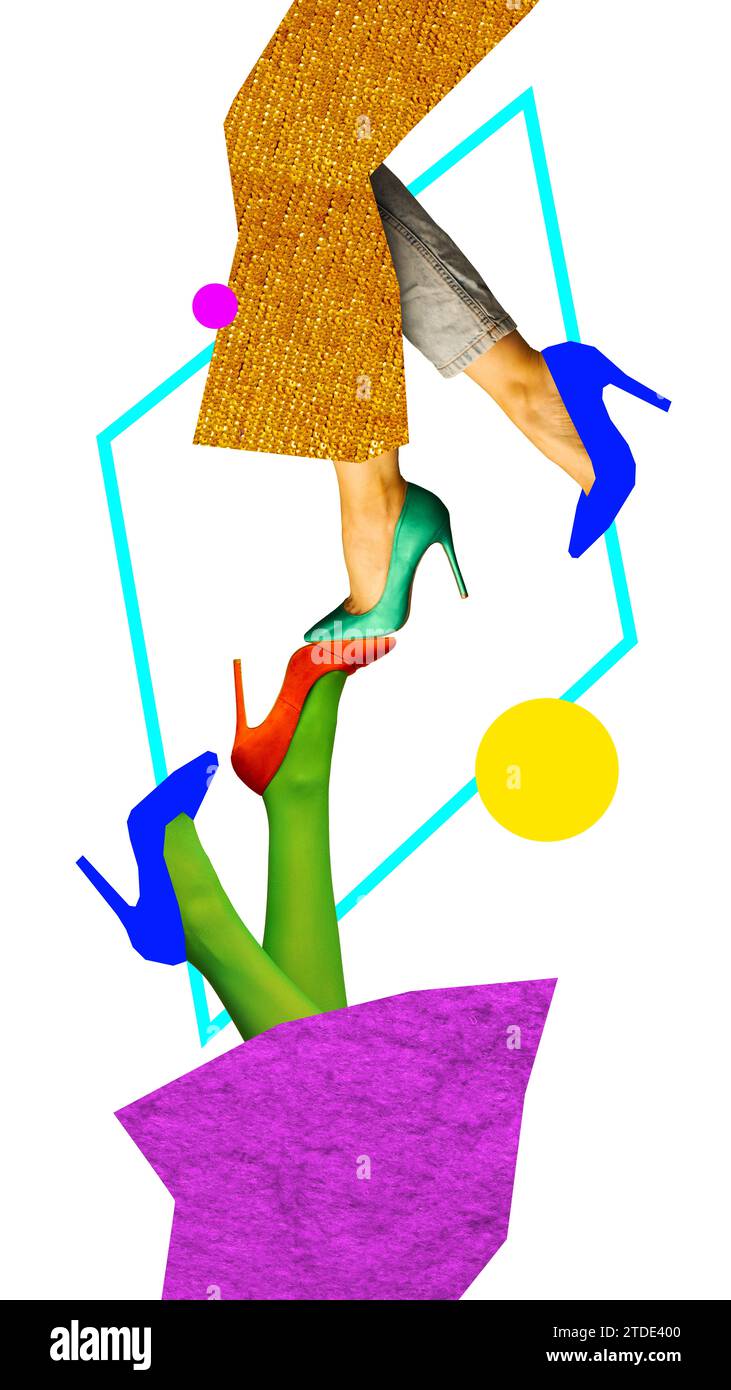 Poster. Contemporary art collage. Two pairs of girls legs dancing in ...