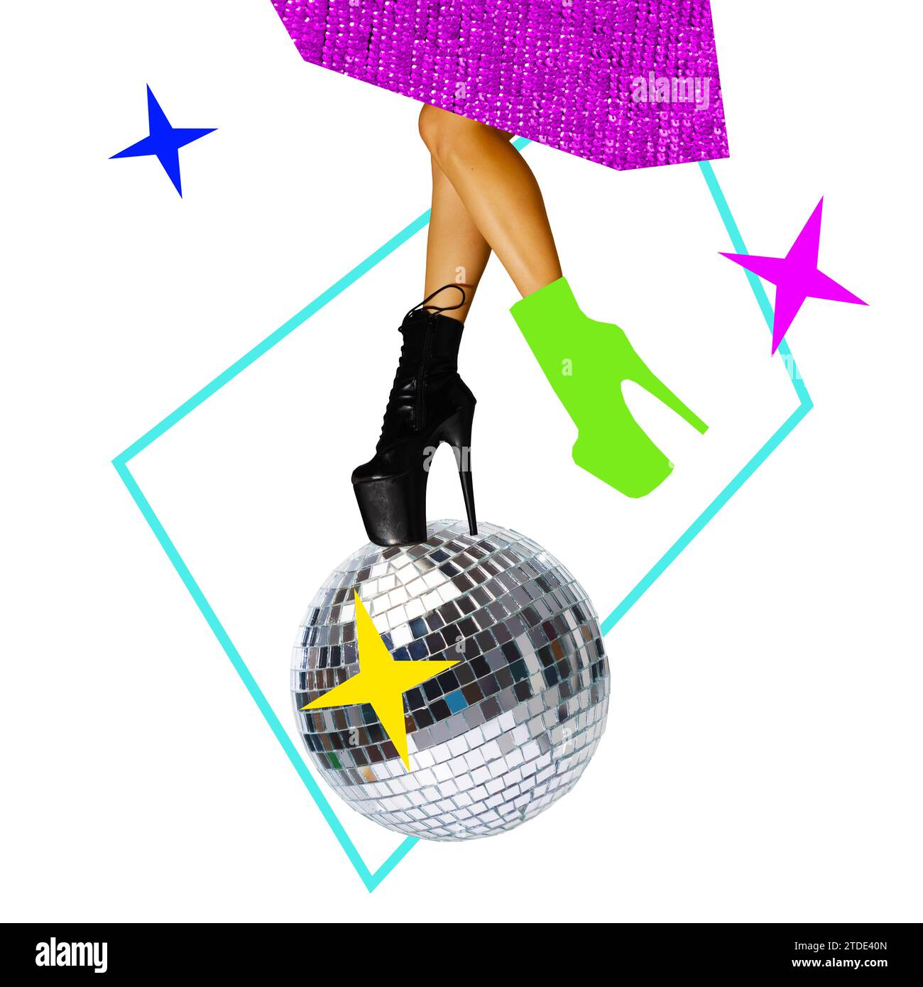 Poster. Contemporary art collage. Female legs on colorful high heels ...