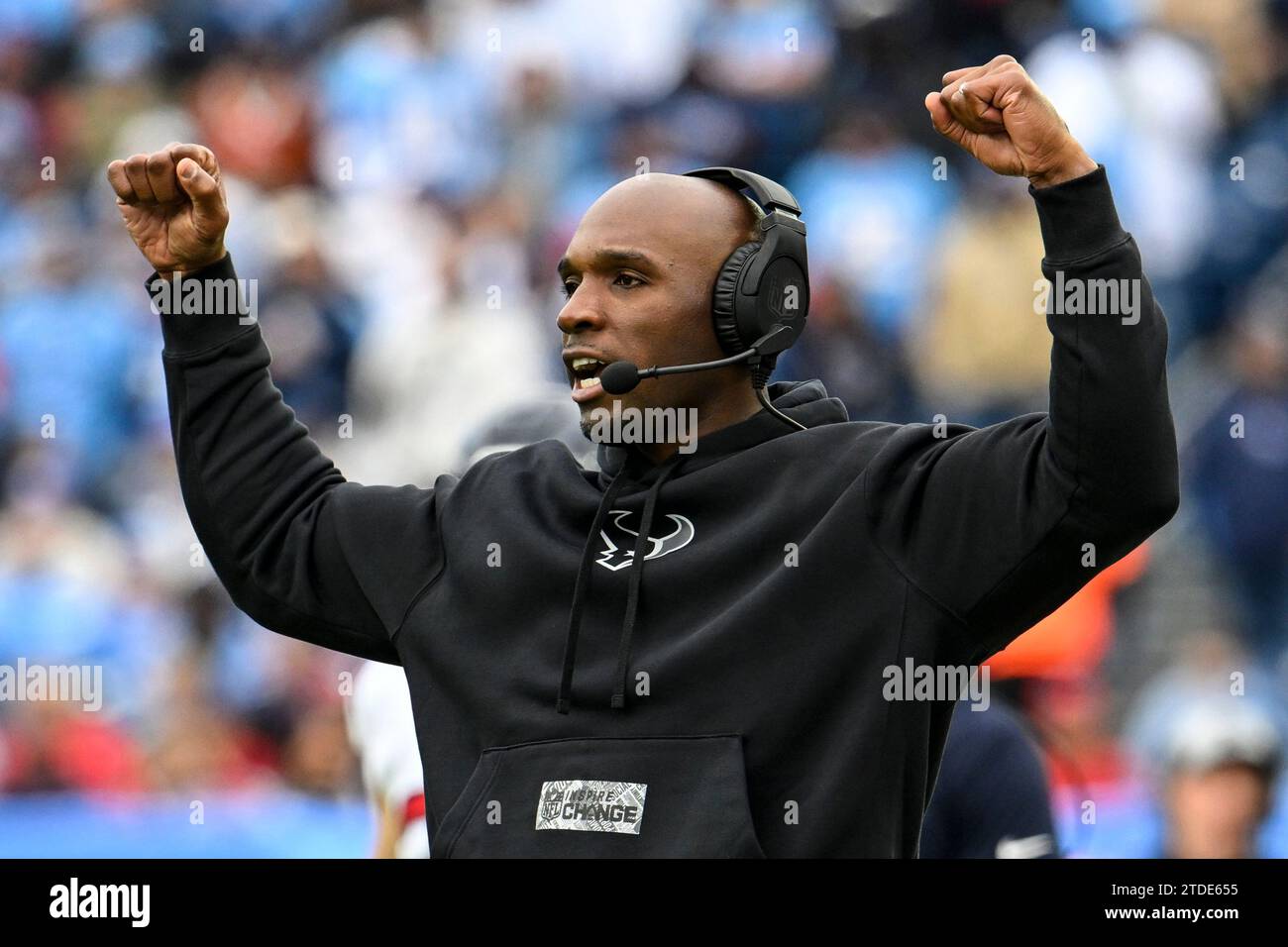 Houston Texans head coach DeMeco Ryans reacts to play against the Tennessee Titans during the ...