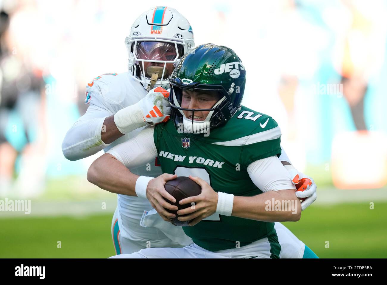 New York Jets quarterback Zach Wilson (2) is sacked by Miami Dolphins ...