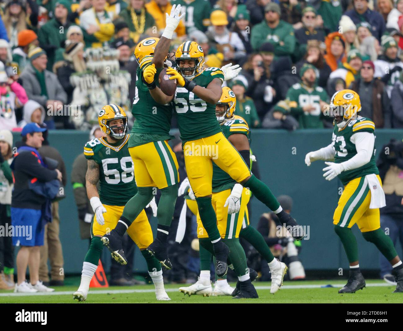 Green Bay Packers linebacker Kingsley Enagbare (55) reacts after a fumble recover during an NFL ...