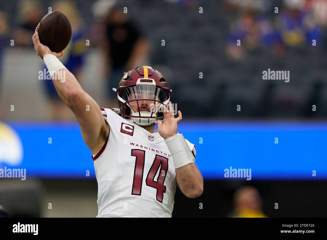 Washington Commanders quarterback Sam Howell (14) warms up before an ...