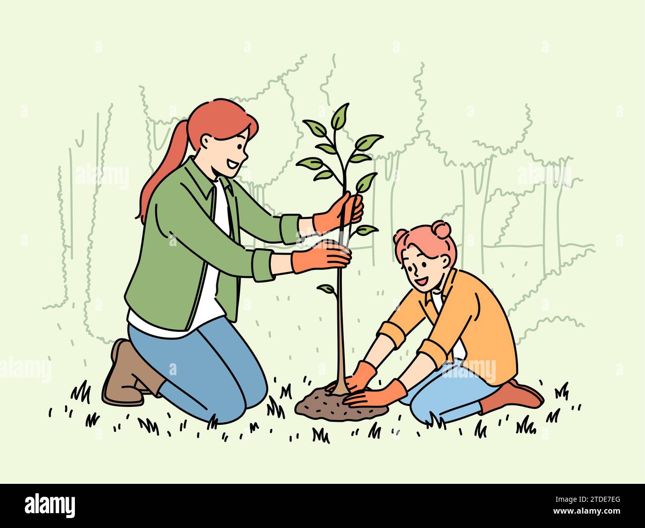 Little girl and mother plant tree in park, helping to restore nature ...