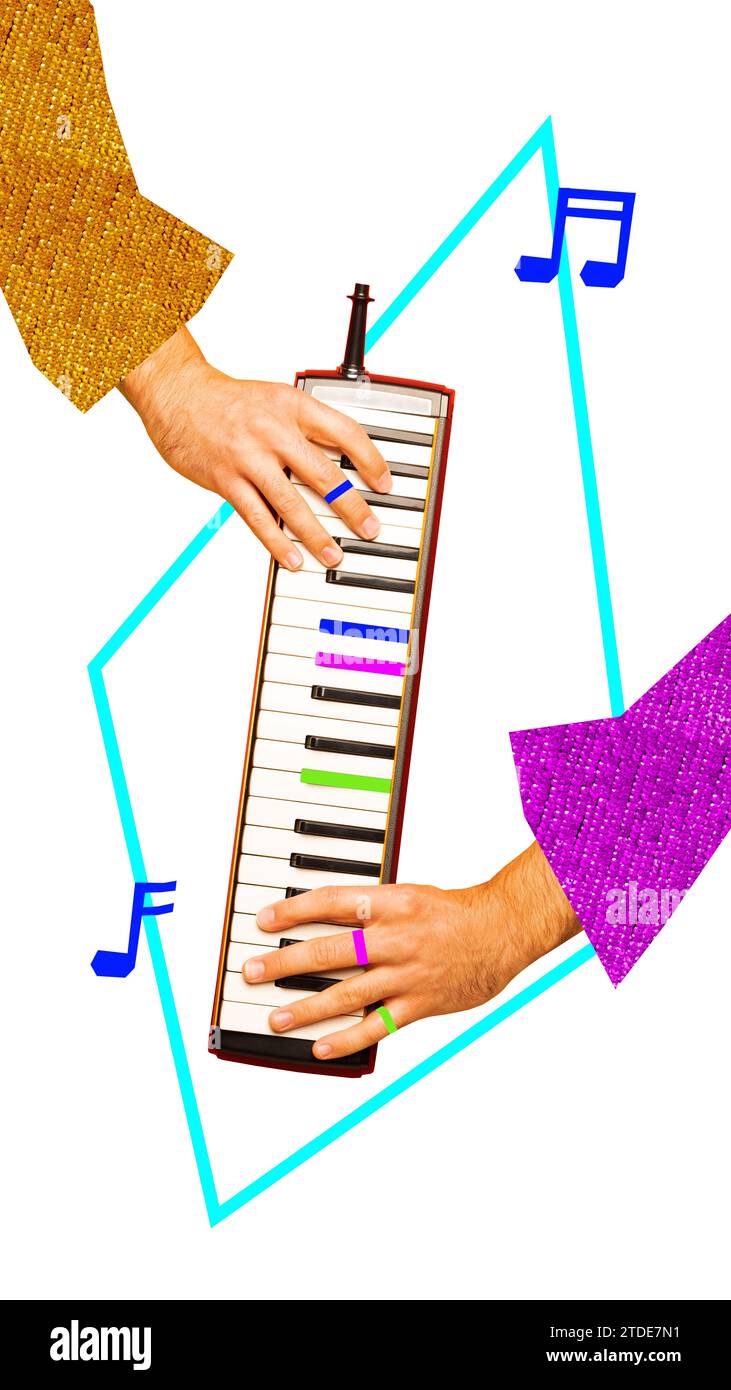 Poster. Contemporary art collage. Hands of unrecognizable people ...