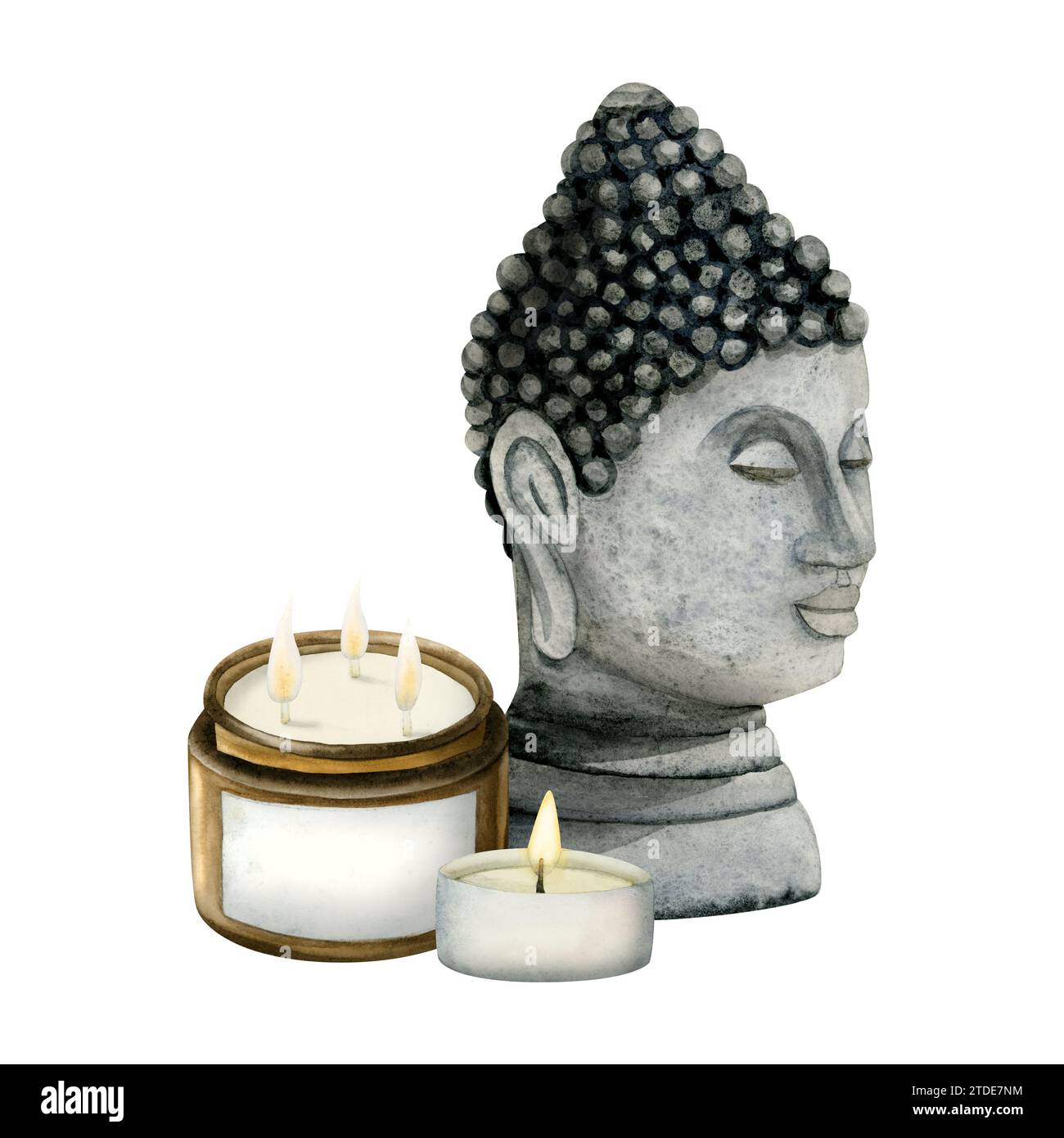 Spiritual Buddha figurine and burning aroma candles watercolor ...