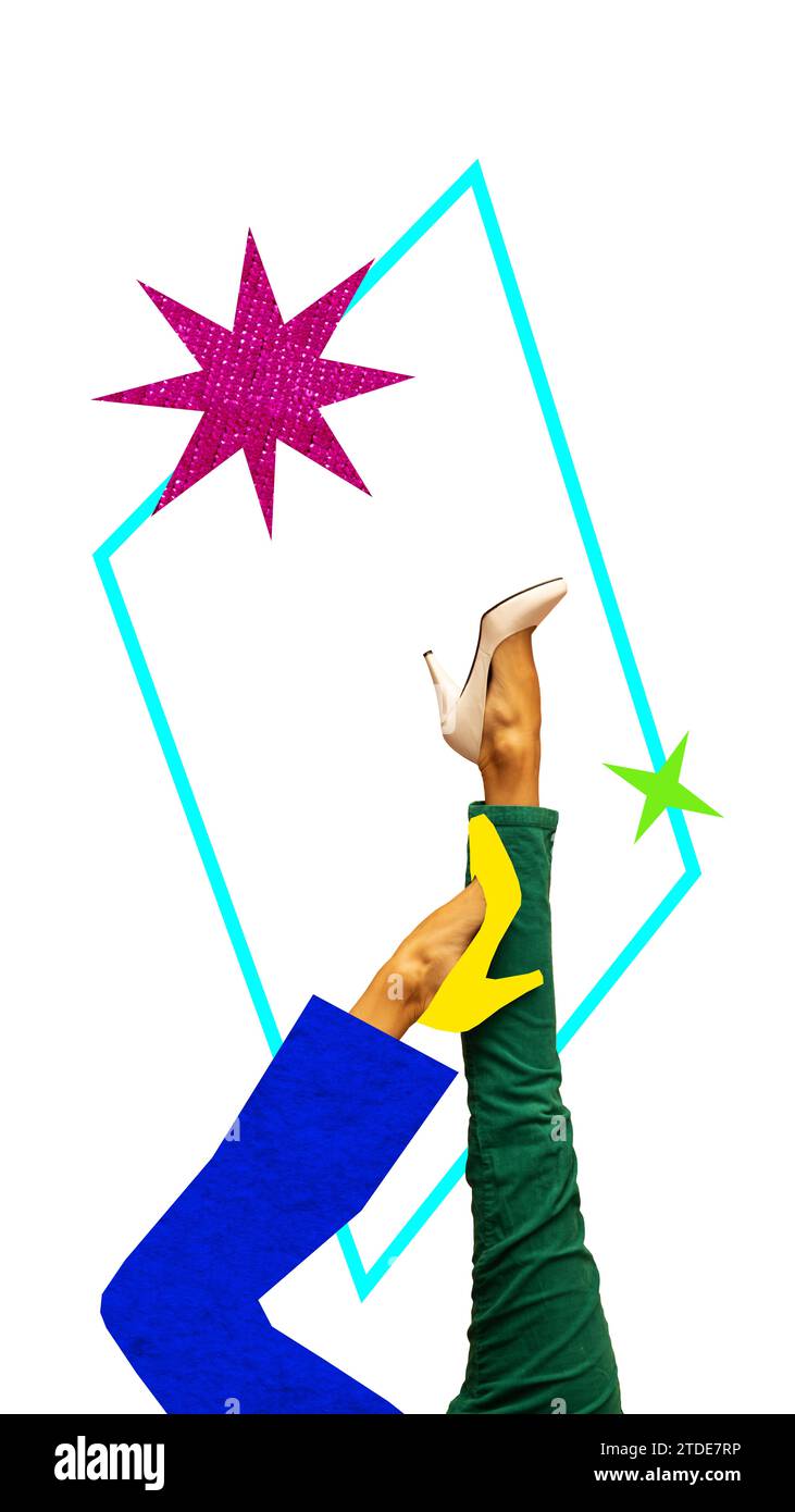 Poster. Contemporary art collage. Unrecognizable woman, her legs ...