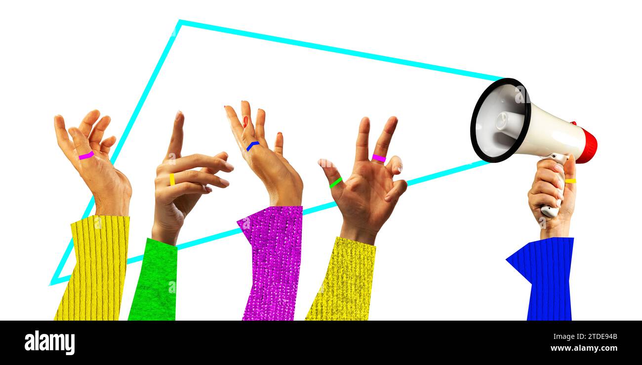 Poster. Contemporary art collage. One hand holds loudspeaker and other ...