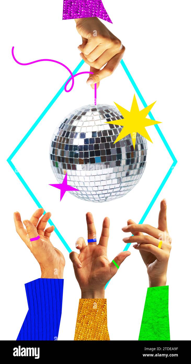 Poster. Contemporary art collage. One hand holds bright shiny discus ...