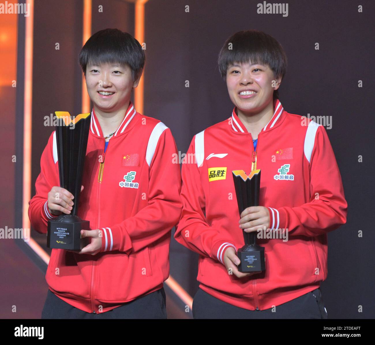 SUN Yingsha (L), the winner, and WANG Yidi of China, placed 2nd, pose ...