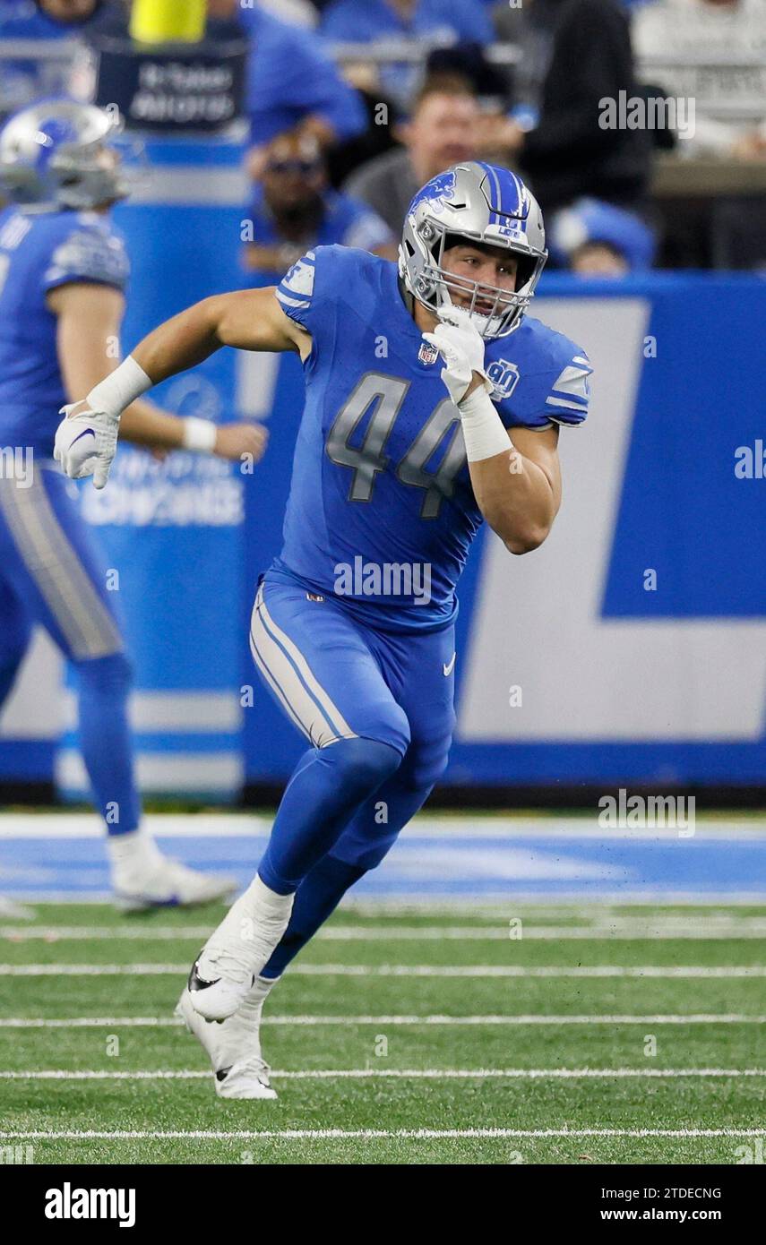 Detroit Lions linebacker Malcolm Rodriguez (44) break down the field ...