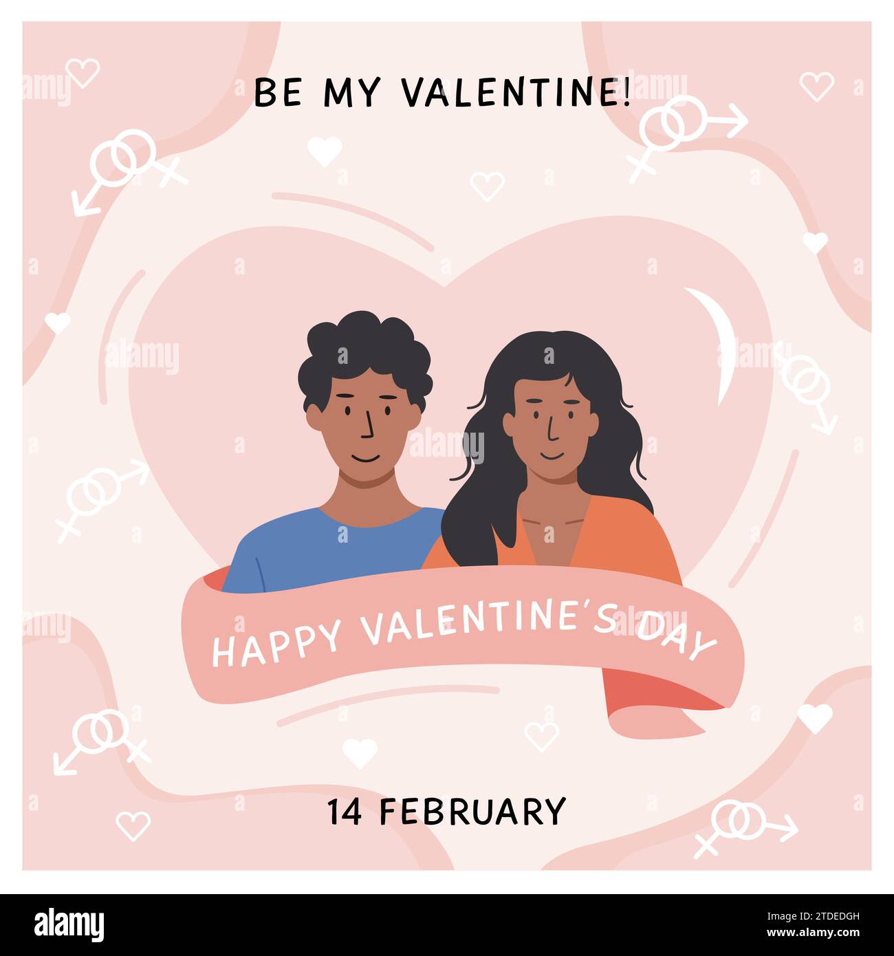 Happy Valentines Day greeting card. Cute diverse romantic couple with ...