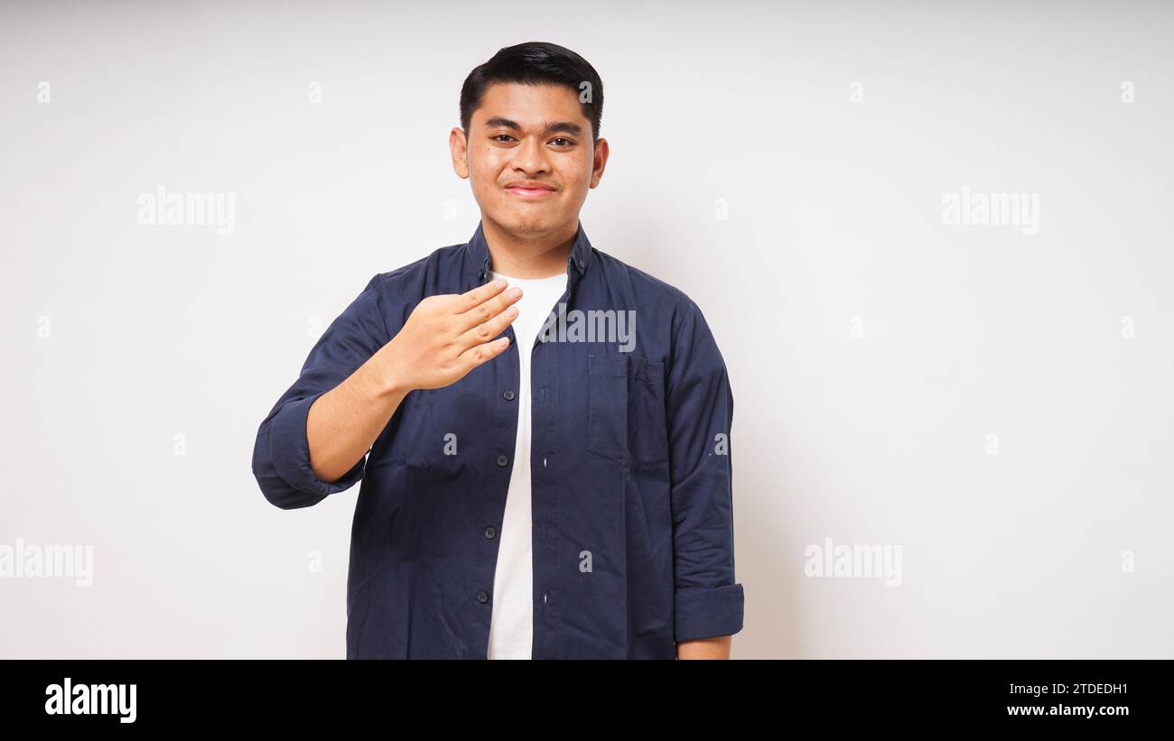 asian man is using sign language with hand. learn sign language by hand ...
