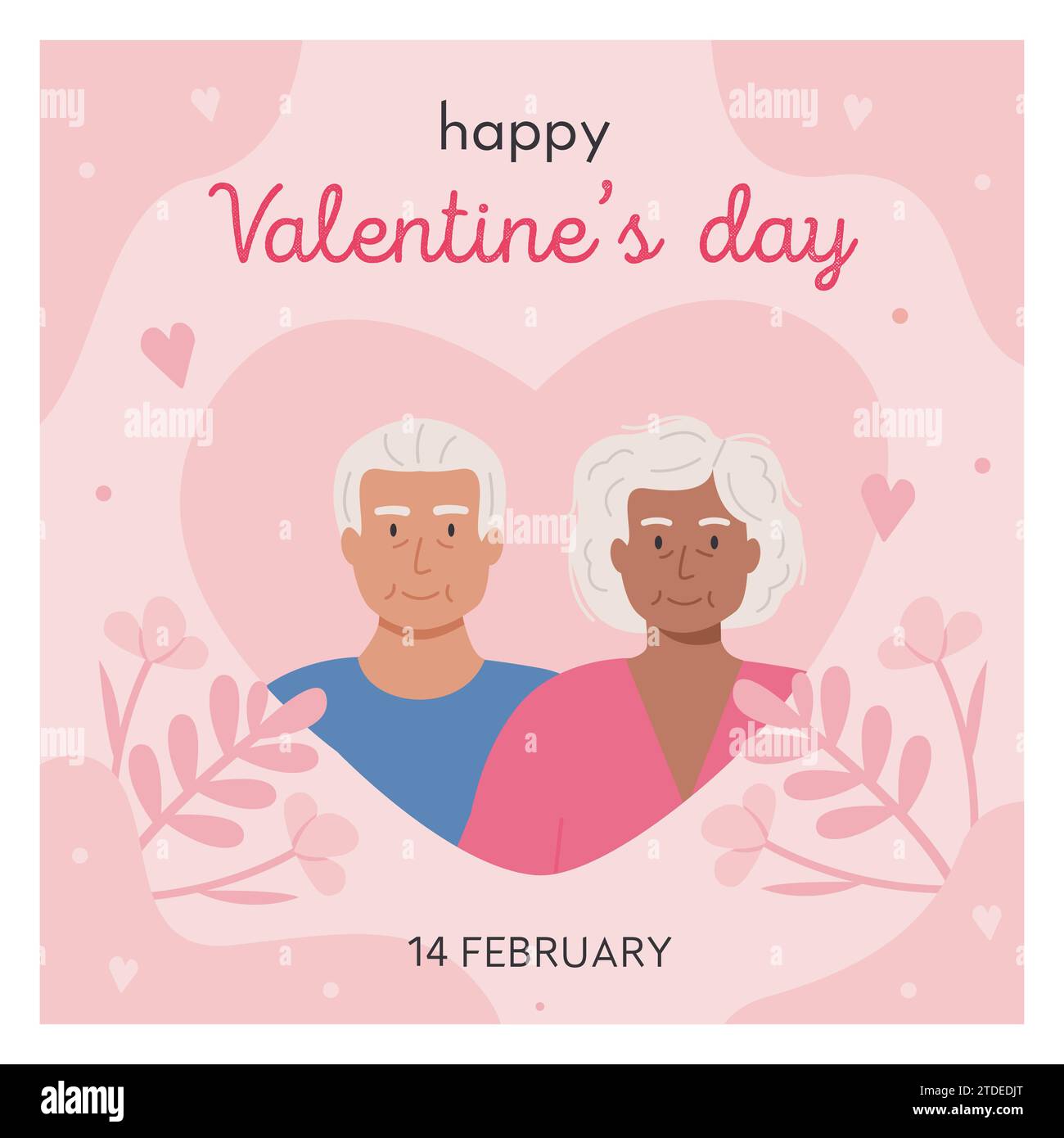 Happy Valentines Day square greeting card with modern senior people ...