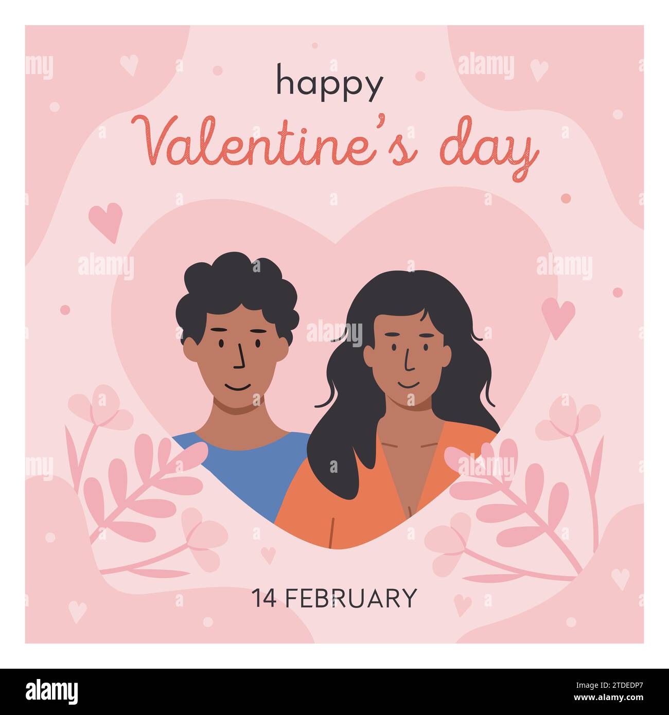 Happy Valentines Day greeting card. Cute diverse romantic couple with ...