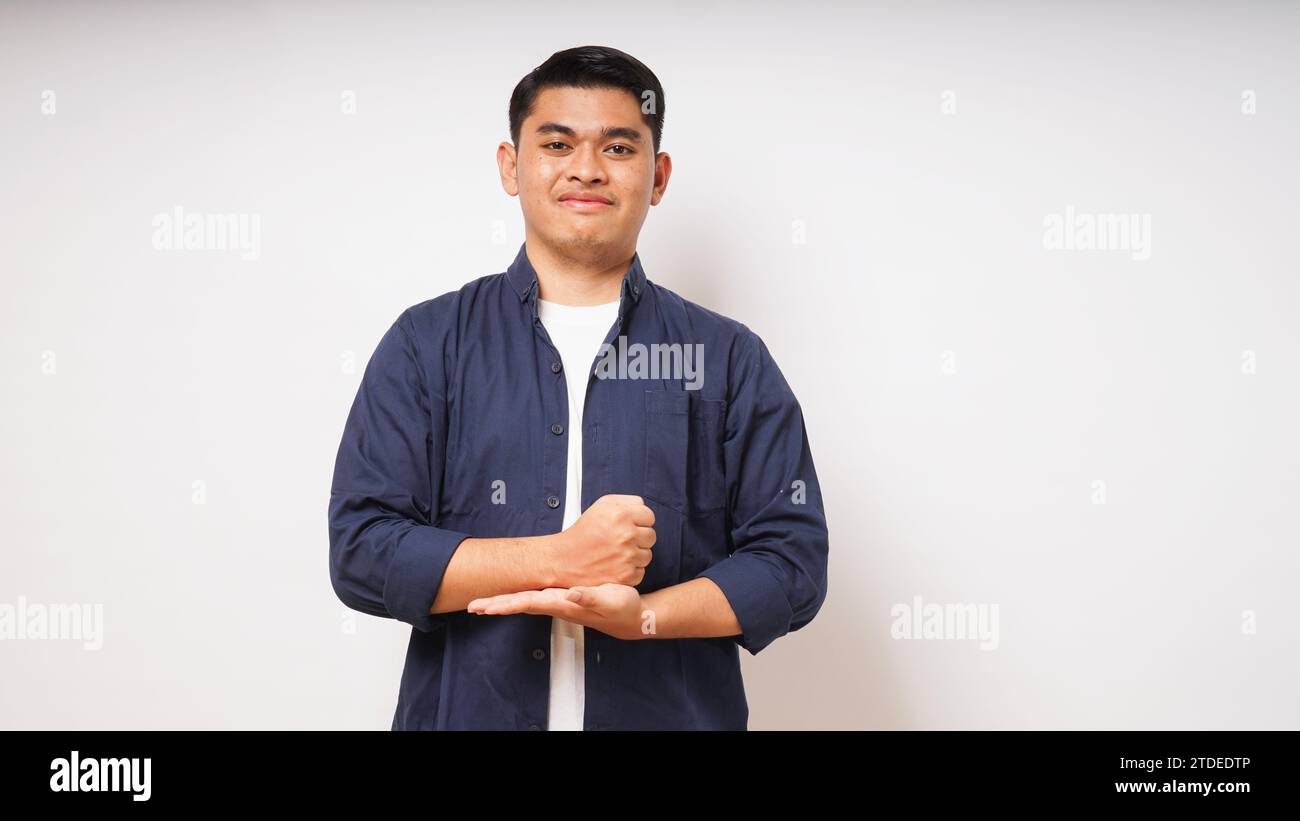 asian man is using sign language with hand. learn sign language by hand ...