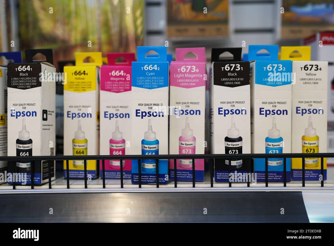Ink for EPSON inkjet printers. A view of several packs of Epson printer ...