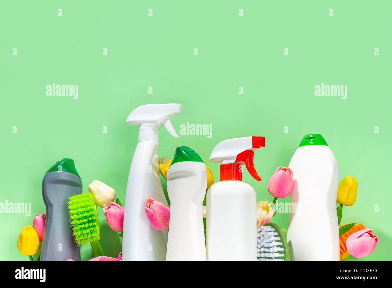 Set of cleaning supplies and utensils, with spring flowers on high ...