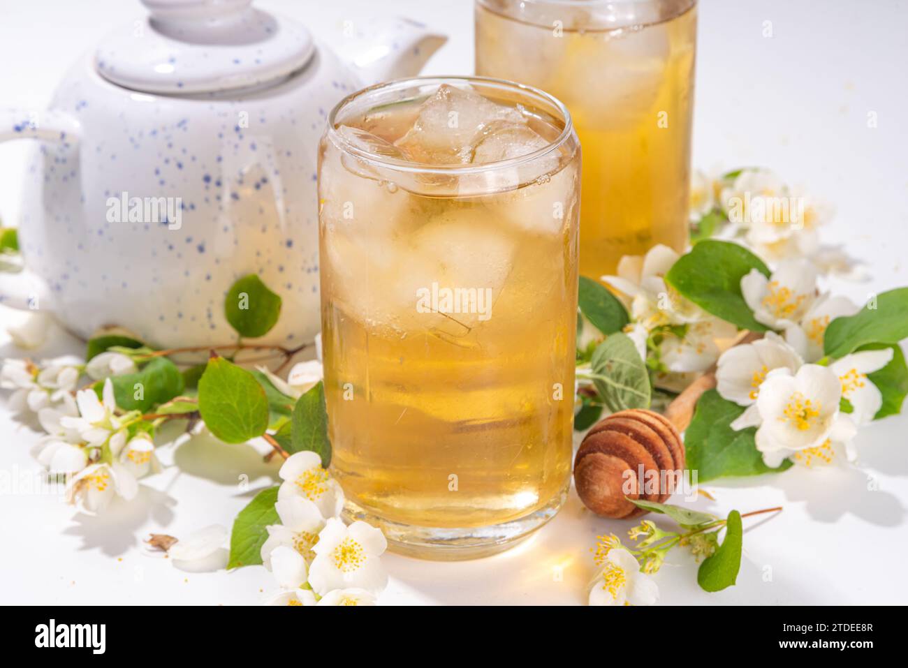 Organic herbal health summer cold drink. Jasmine flowers green tea, in ...