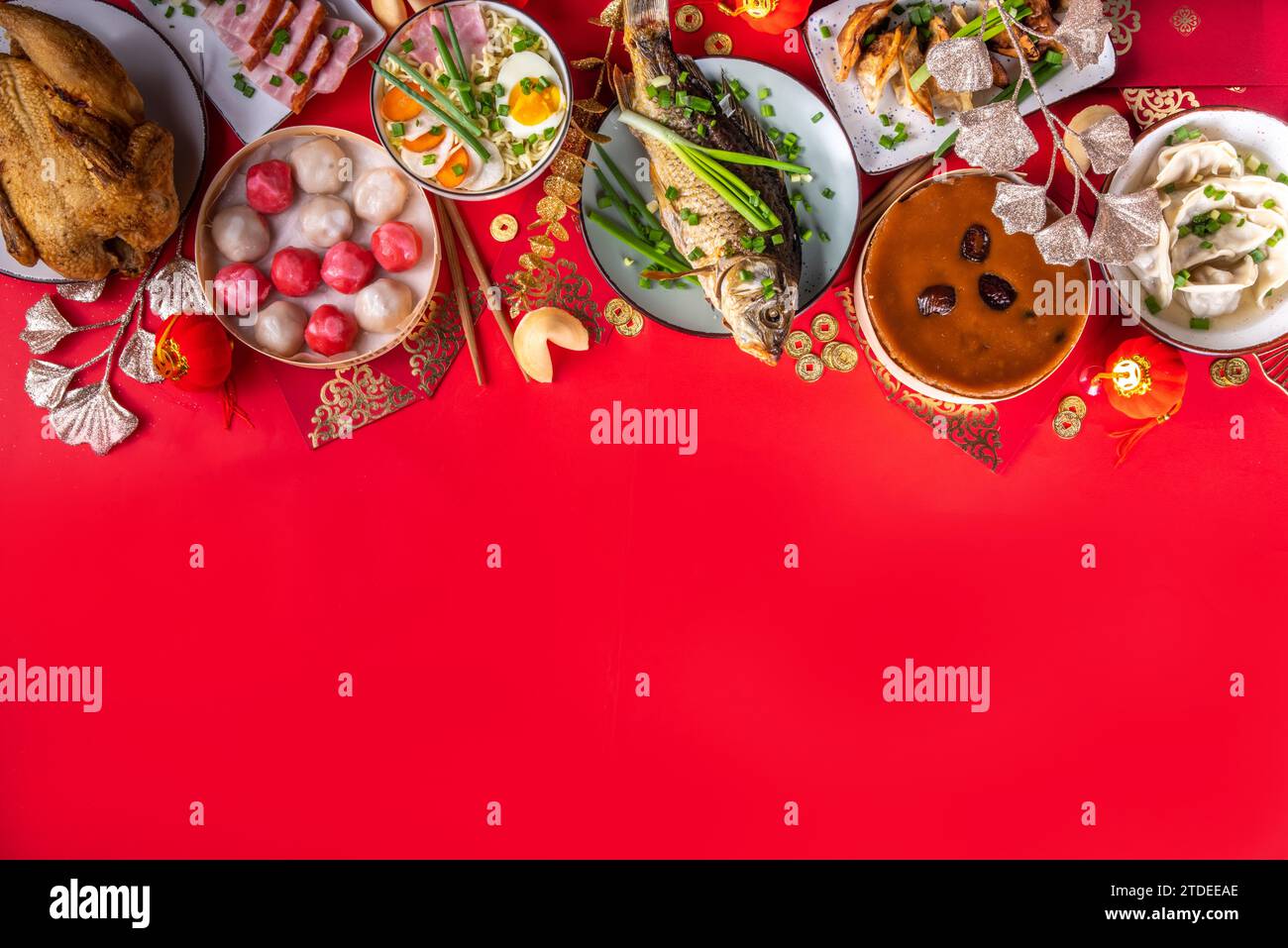 Traditional Chinese lunar New Year dinner table, party invitation, menu ...