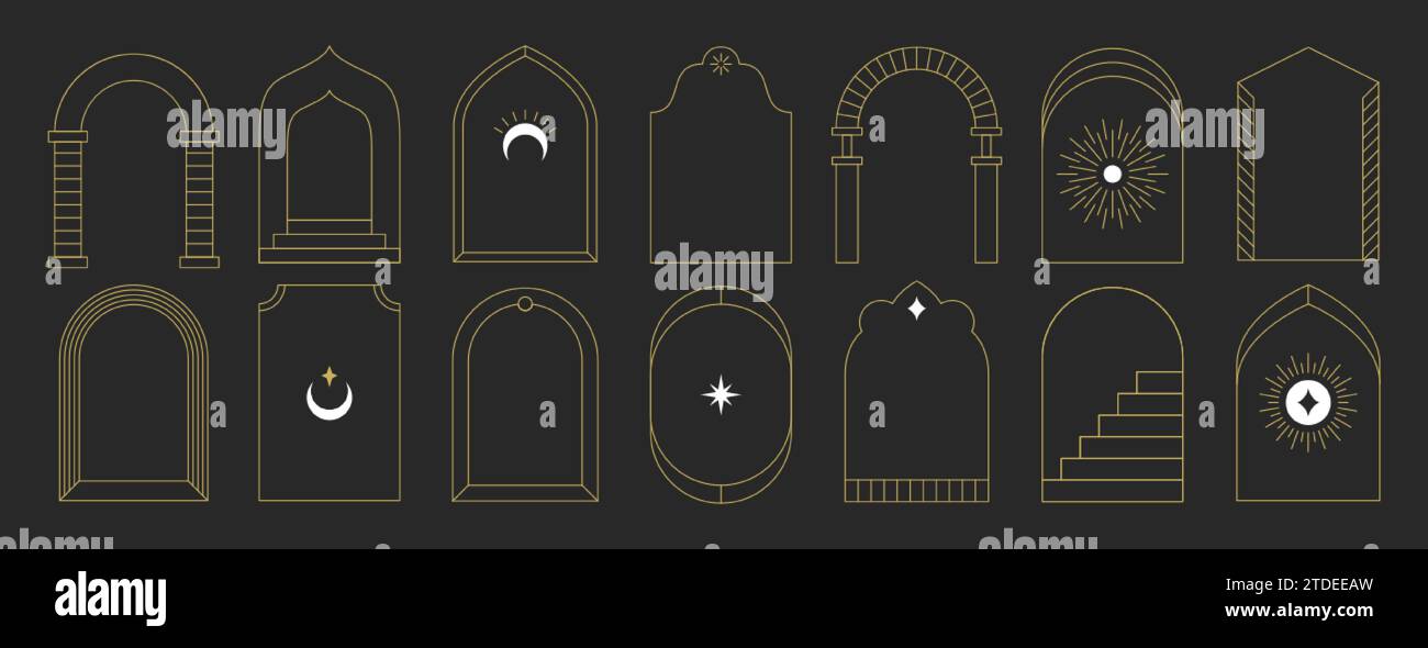 Boho mystic arch frame set with sun, moon, sparkles and stairs in trendy minimal liner style ...