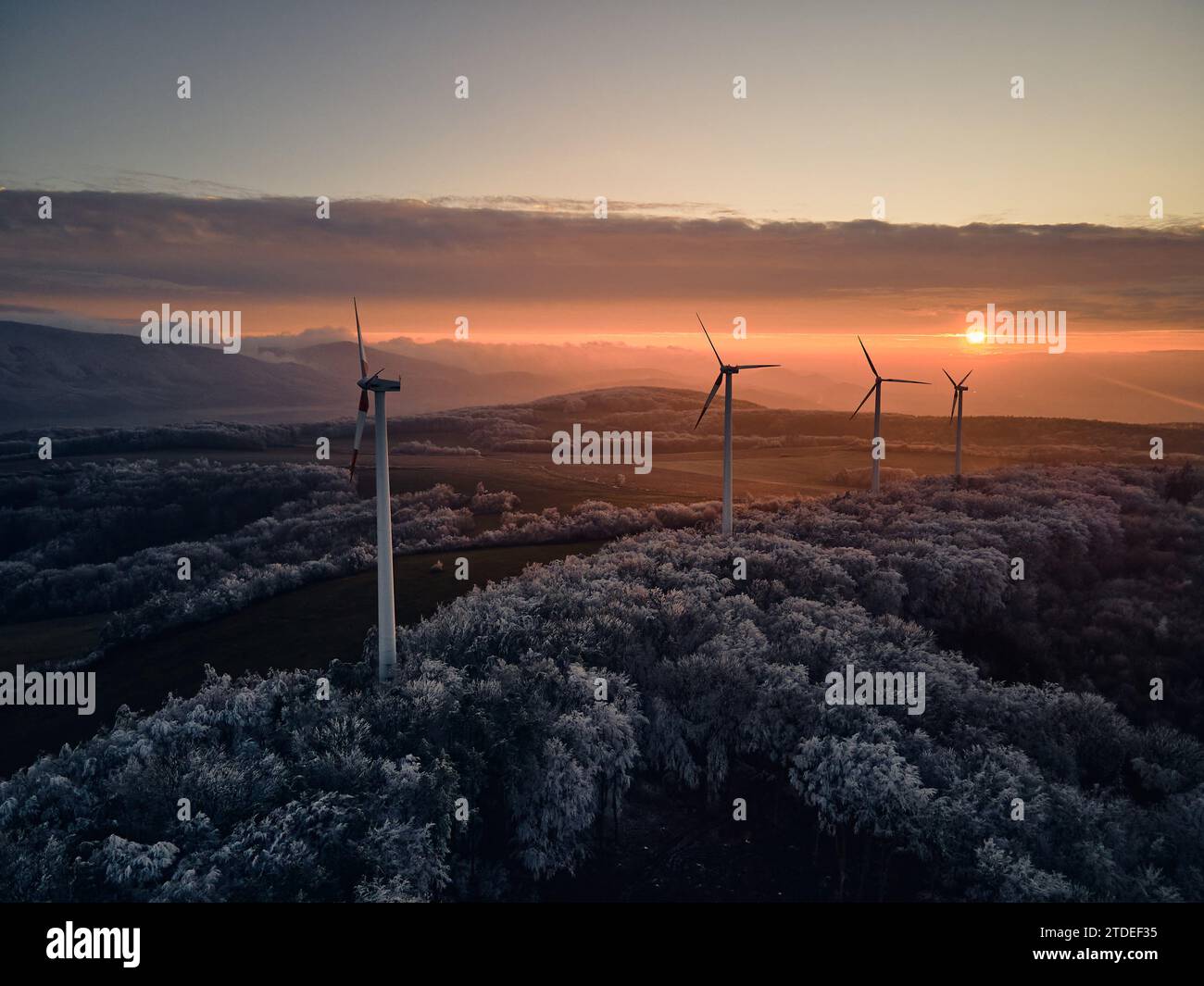 Aerial landscape photography of sunrise over frost-covered nature with ...