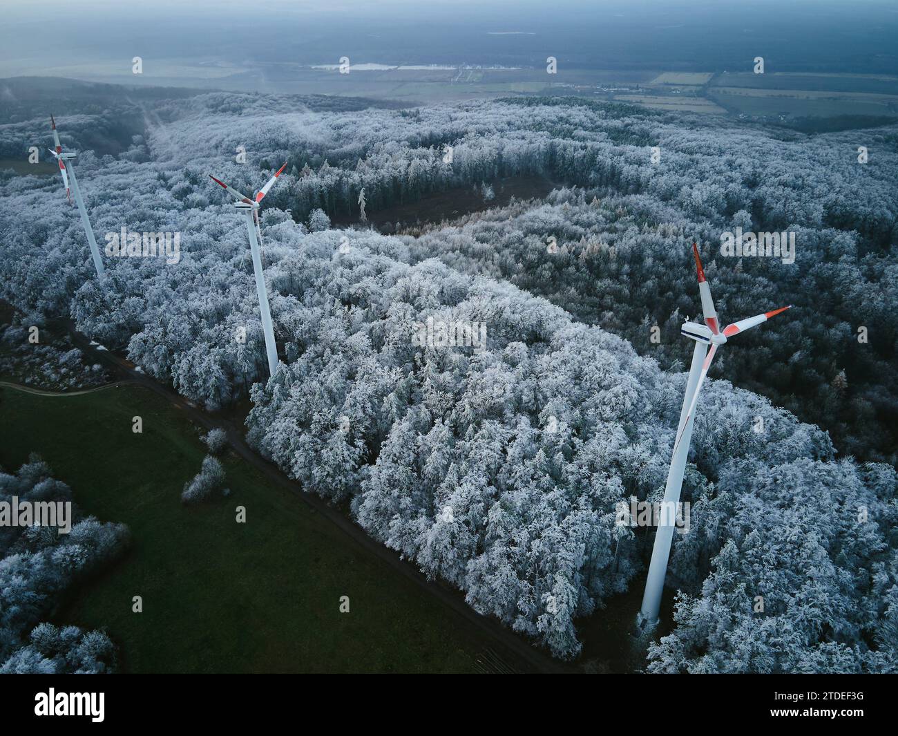 Aerial landscape photography of sunrise over frost-covered nature with ...