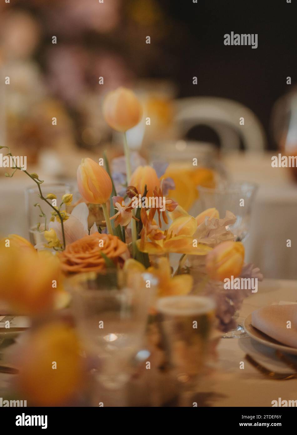 Elegant, romantic table setting for indoor spring wedding reception ...