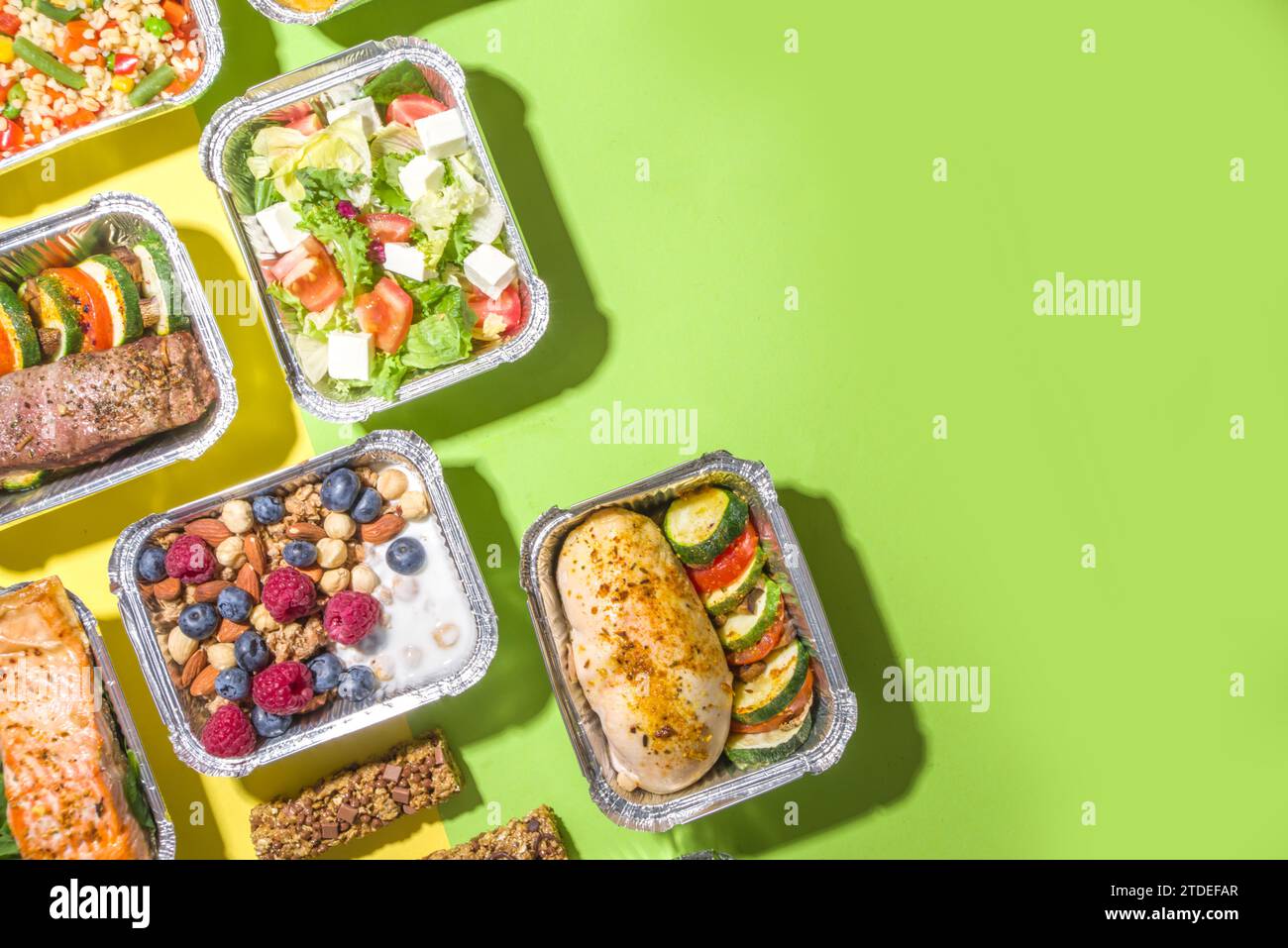 Healthy catering menu, courier food delivery lunch boxes. Beef steak ...