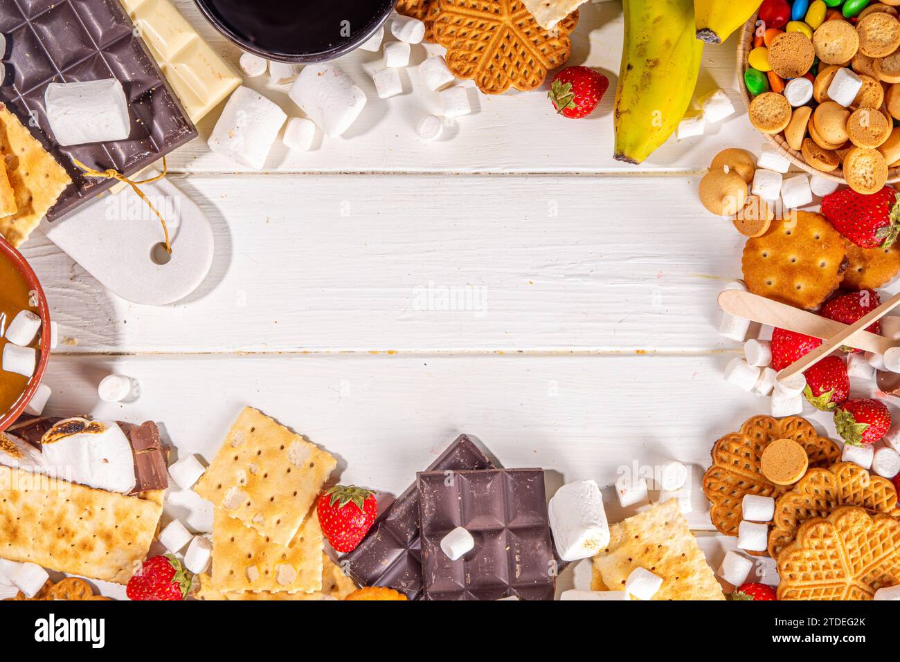 S'mores home party food and ingredients. Smores buffet background with ...