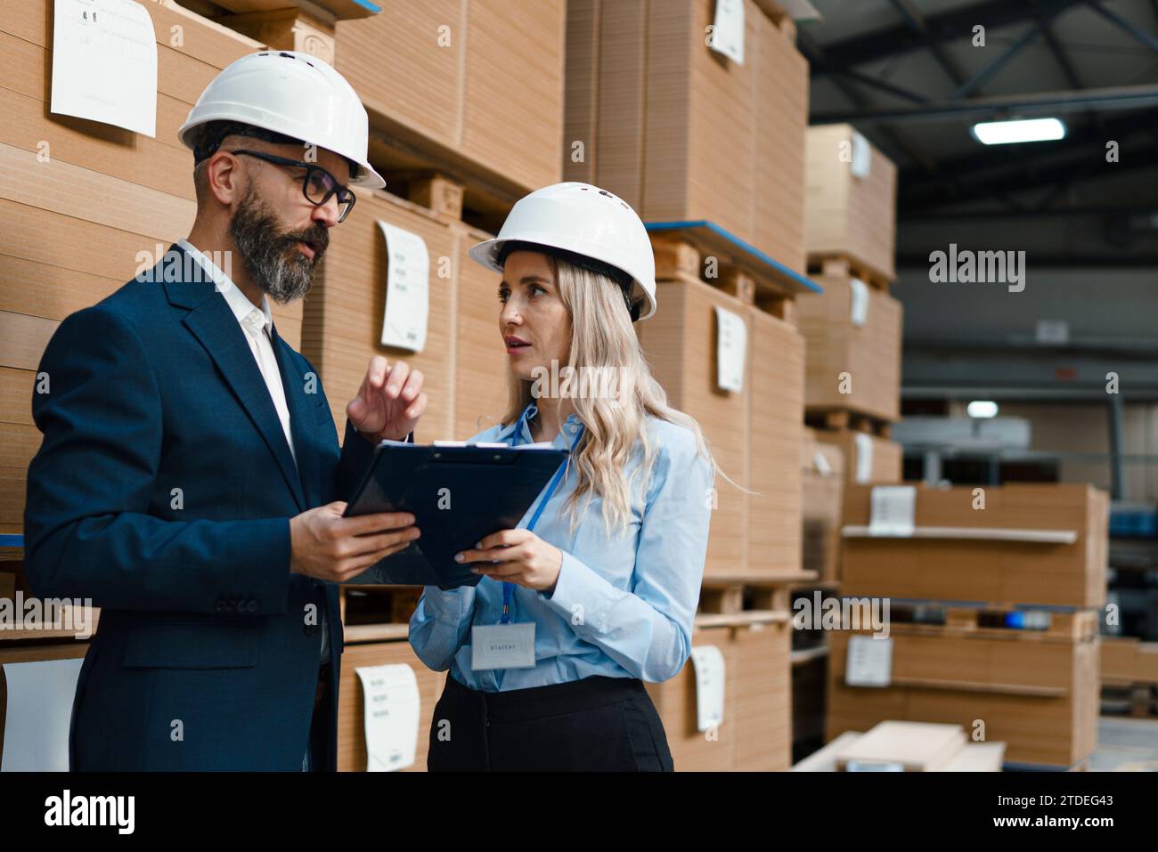 Female warehouse manager talking with logistics employee in warehouse ...
