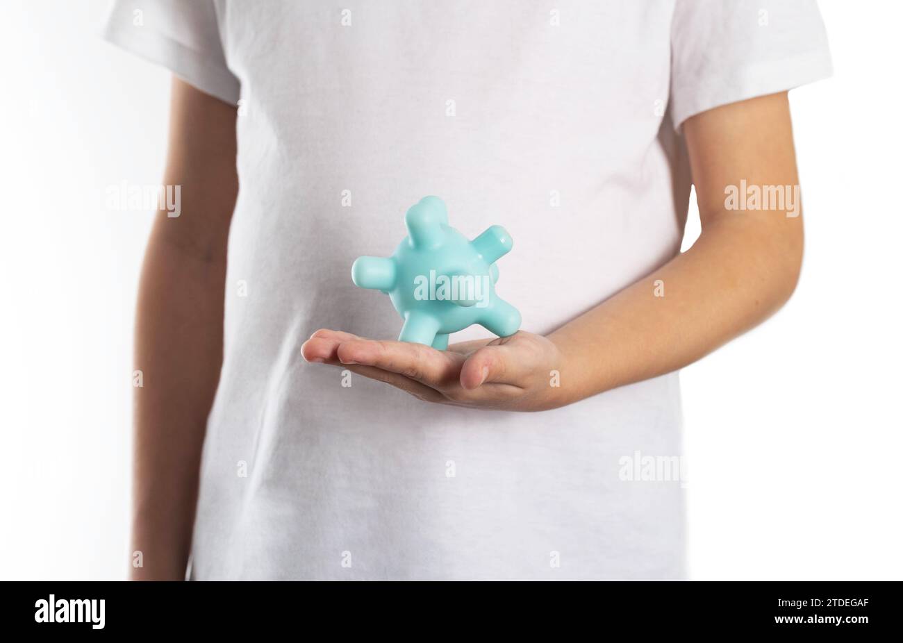 The girl holds a model of the virus against the background of her ...