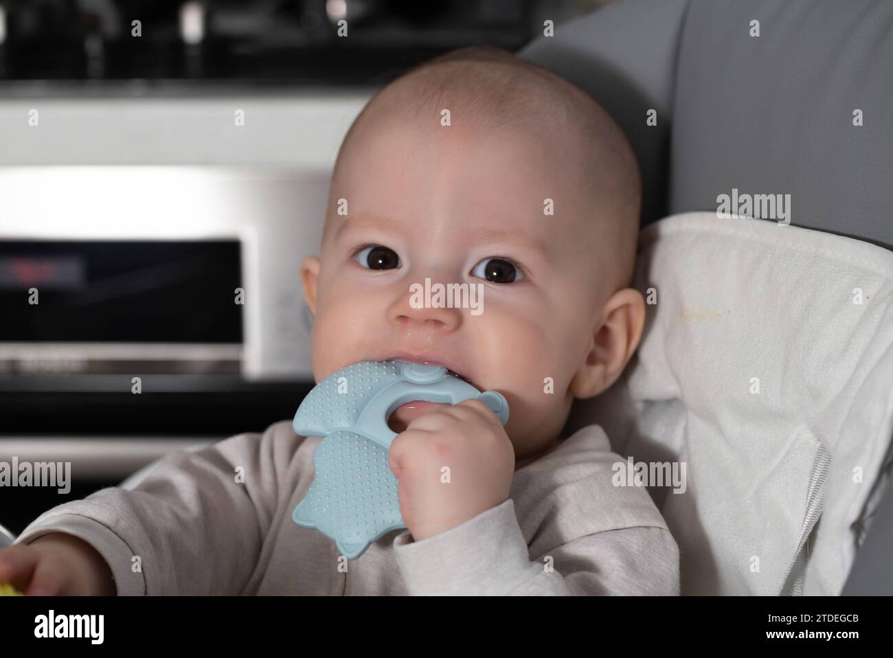 One year old caucasian boy with silicone cooling massager during ...