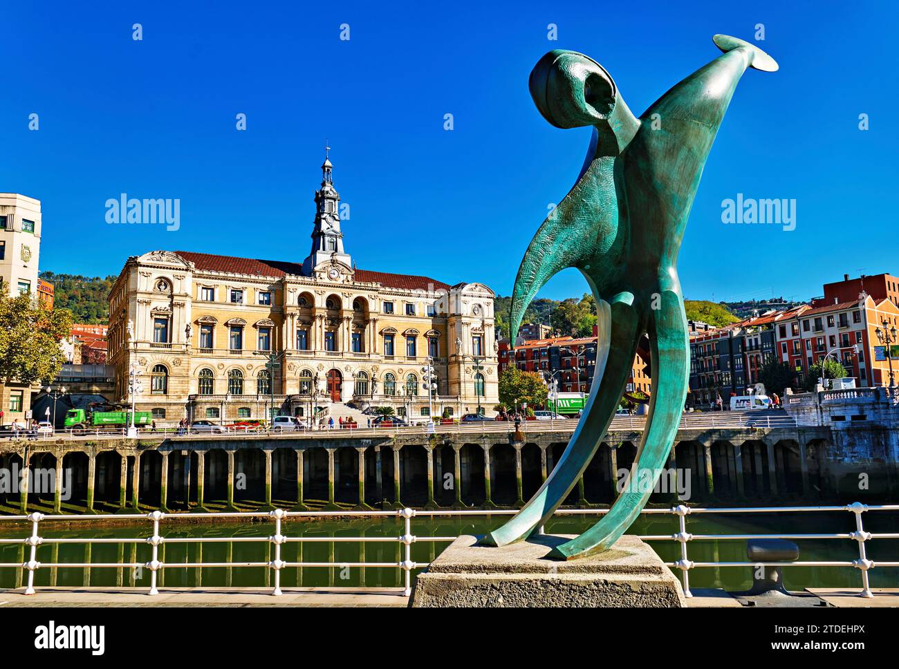 Bilbao Biscay Spain. Historical buildings and modern art statue by ...
