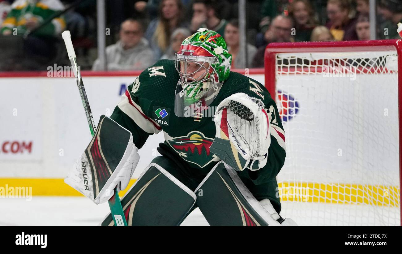 Minnesota Wild goaltender Filip Gustavsson (32) stands in the goal ...