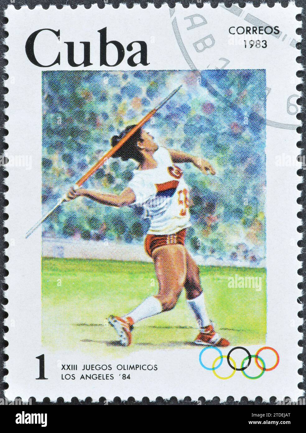 Cancelled postage stamp printed by Cuba, that shows Javelin-throwing ...