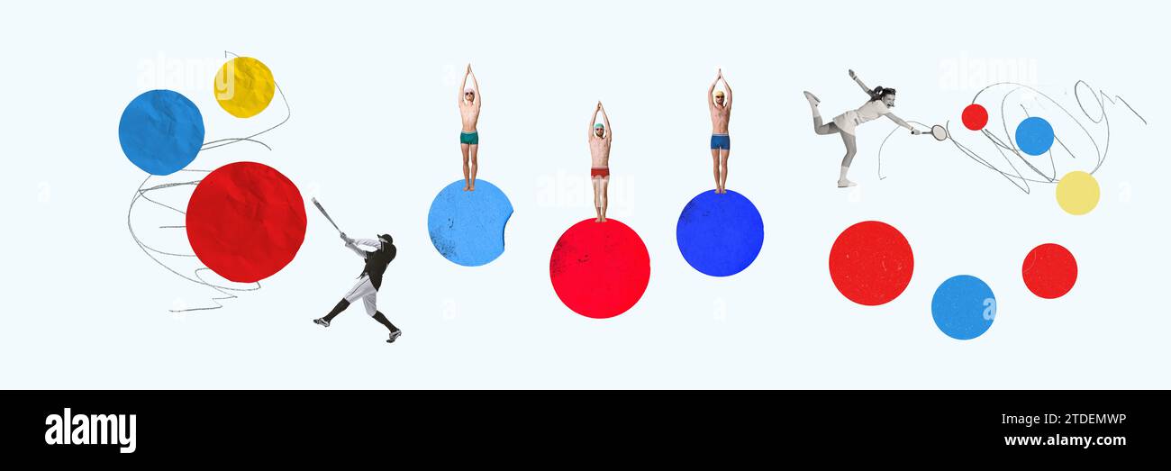 Young people practicing different kind of sports, baseball, swimming ...