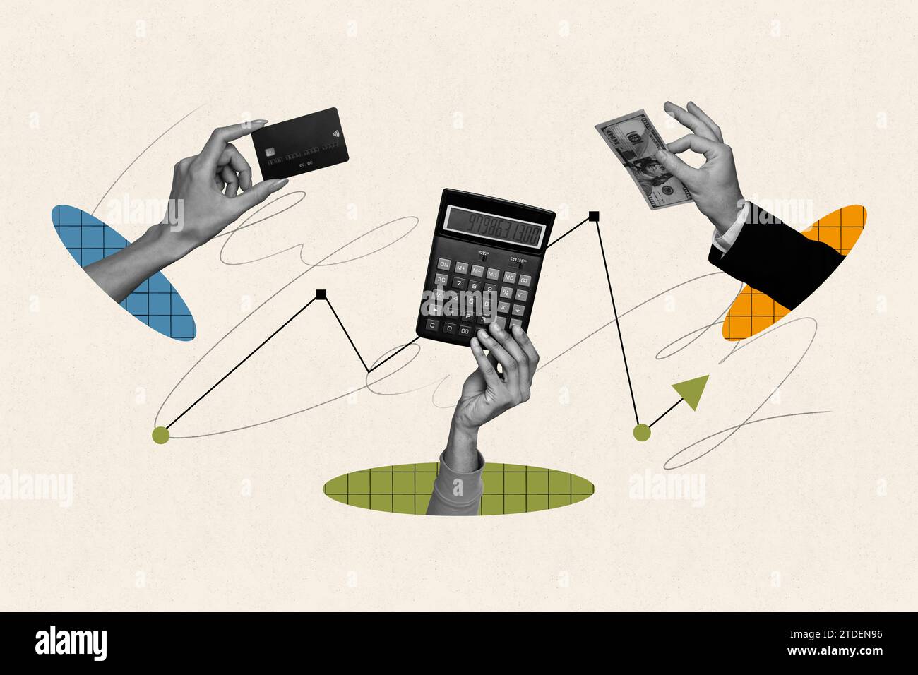 Horizontal creative collage of three people hand hold credit card ...